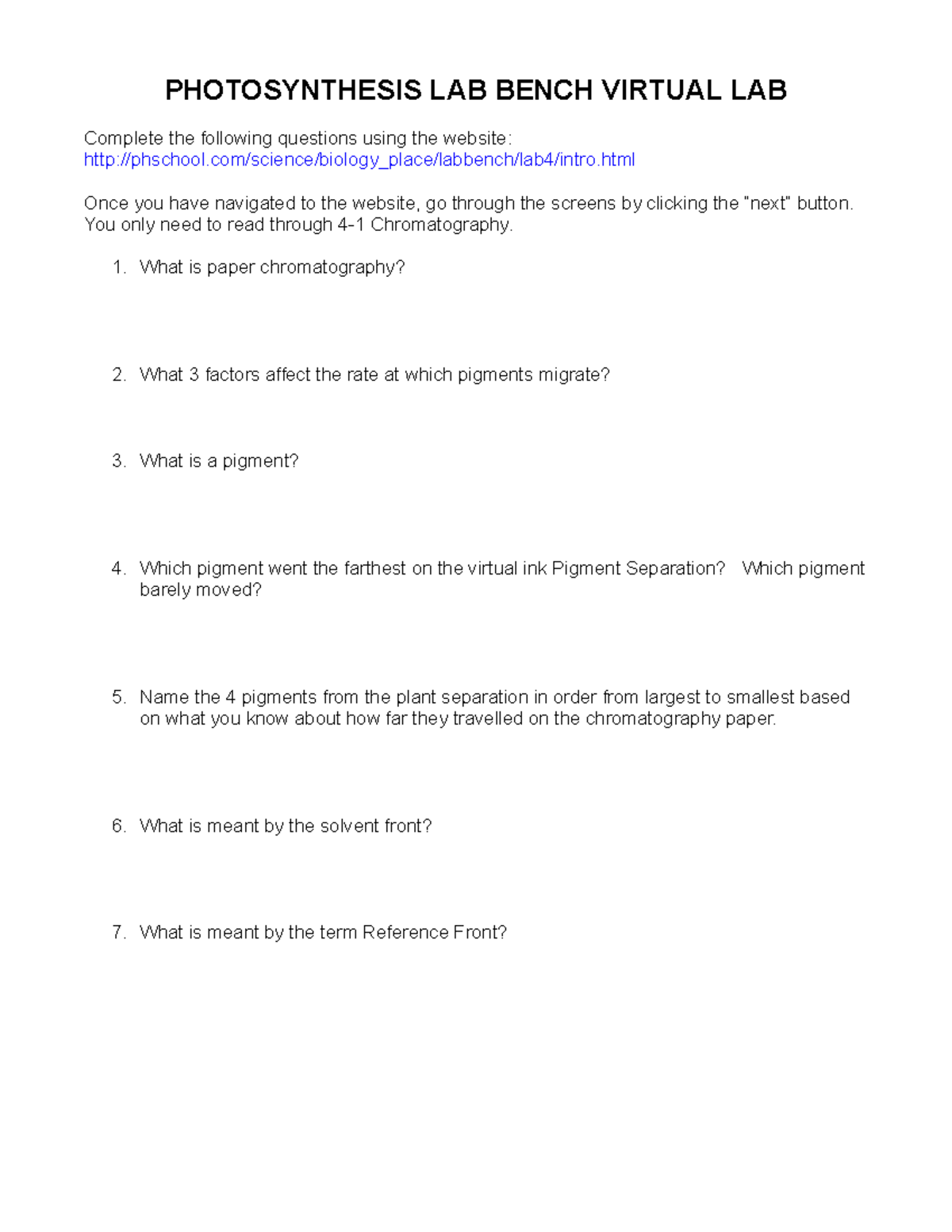 Online chromatography lab - PHOTOSYNTHESIS LAB BENCH VIRTUAL LAB ...