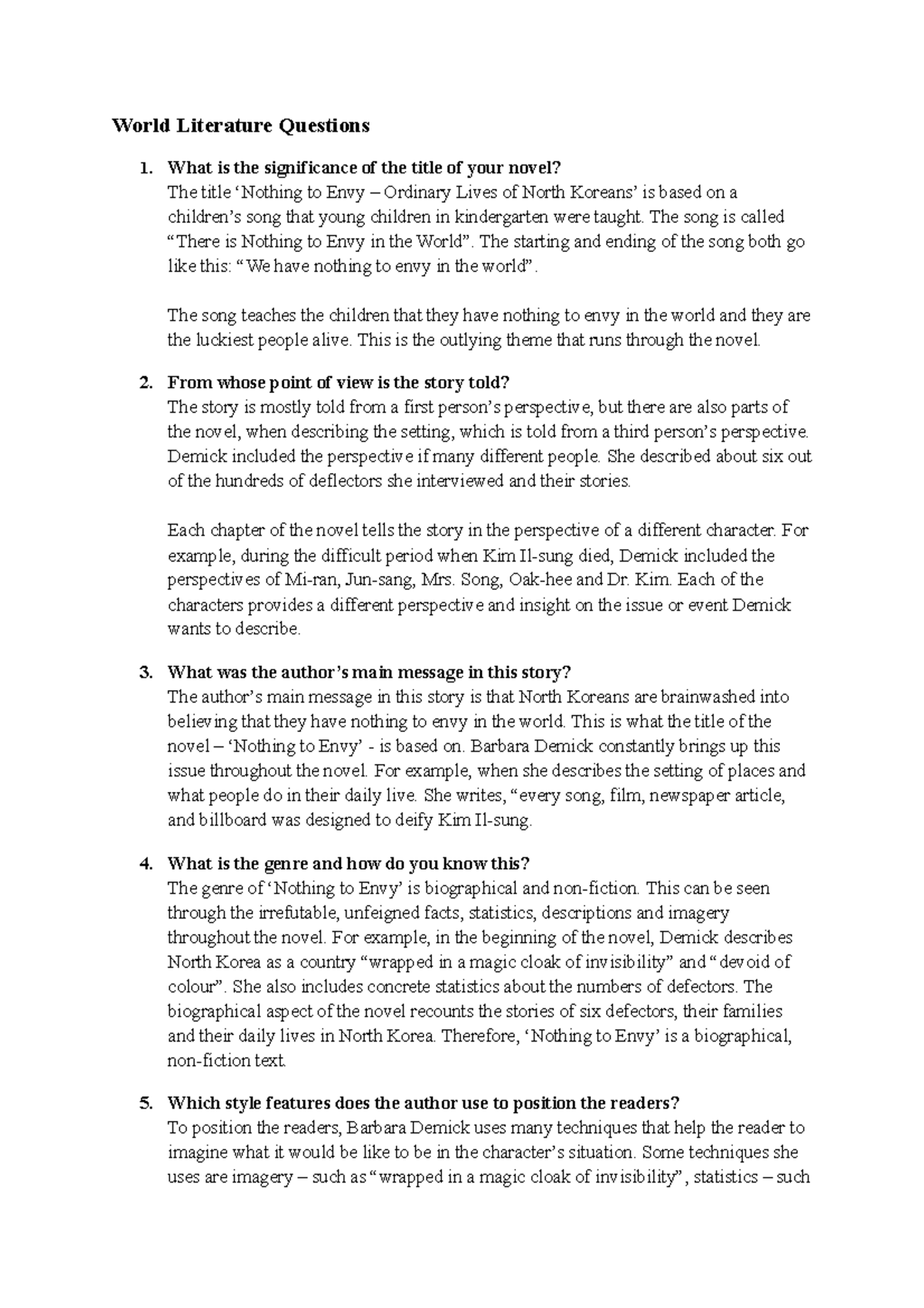 World Literature Questions - World Literature Questions What is the ...