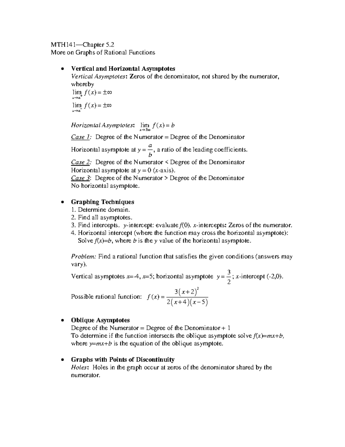 MTH141 5.2 Notes - More on Graphs of Rational Functions - MTH141 ...