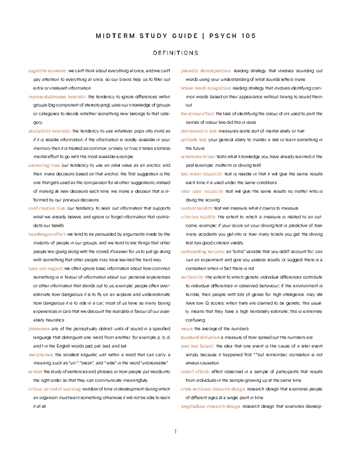 Midterm Study Guide - MIDTERM STUDY GUIDE | PSYCH 105 DEFINITIONS ...