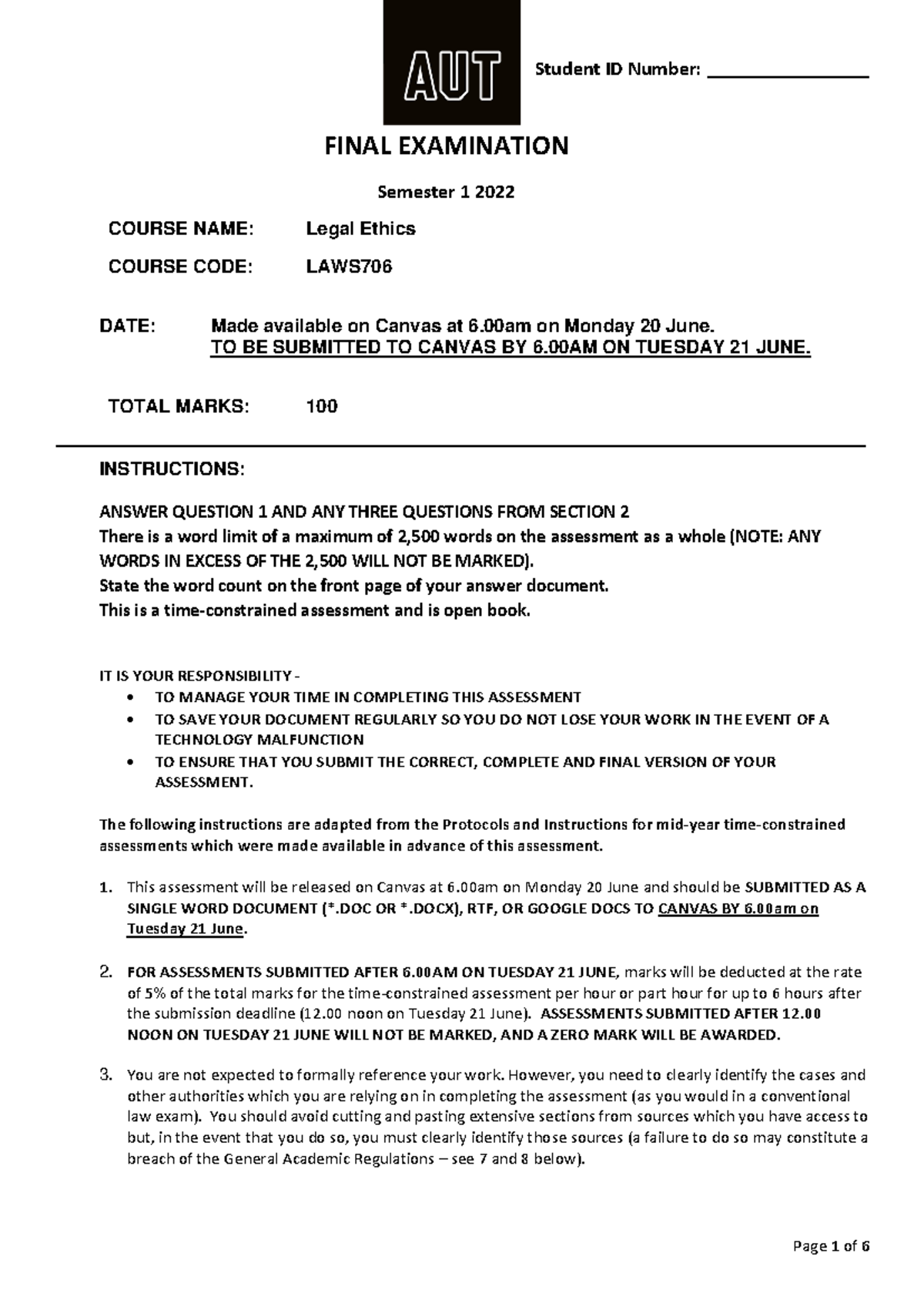 2022 Ethics Exam Questions Student ID Number FINAL EXAMINATION