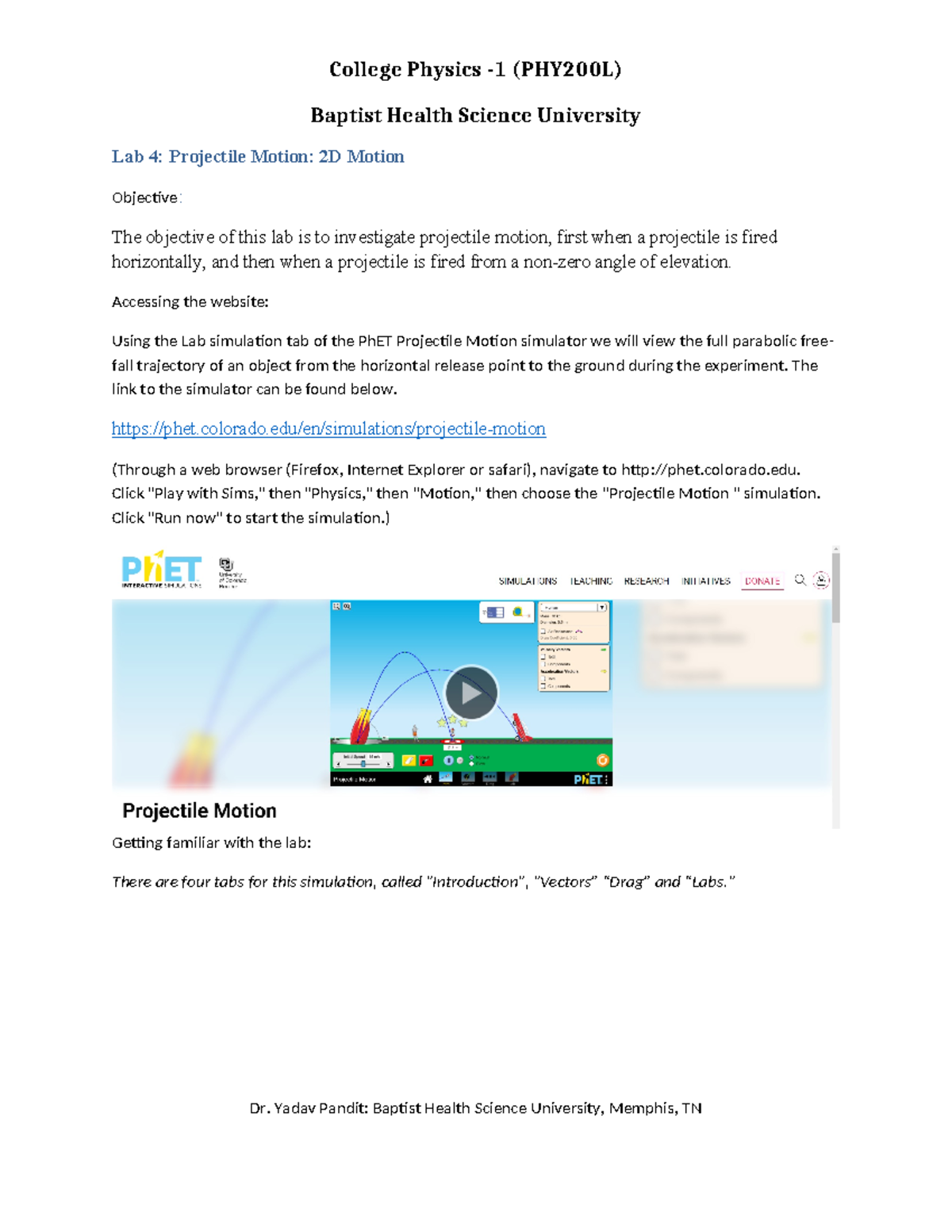 LAB4 Projectile Motion 2D - Baptist Health Science University Lab 4 ...