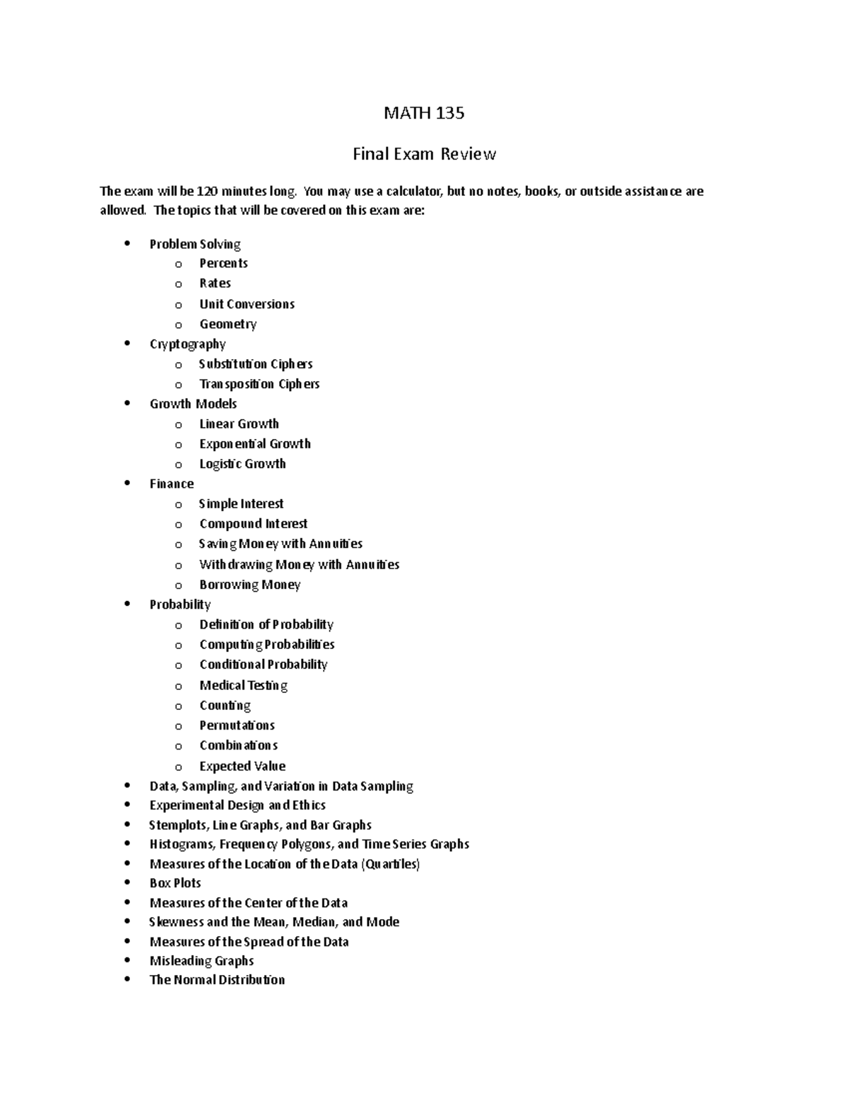 Math 135 Final Exam Review - MATH 135 Final Exam Review The exam will ...