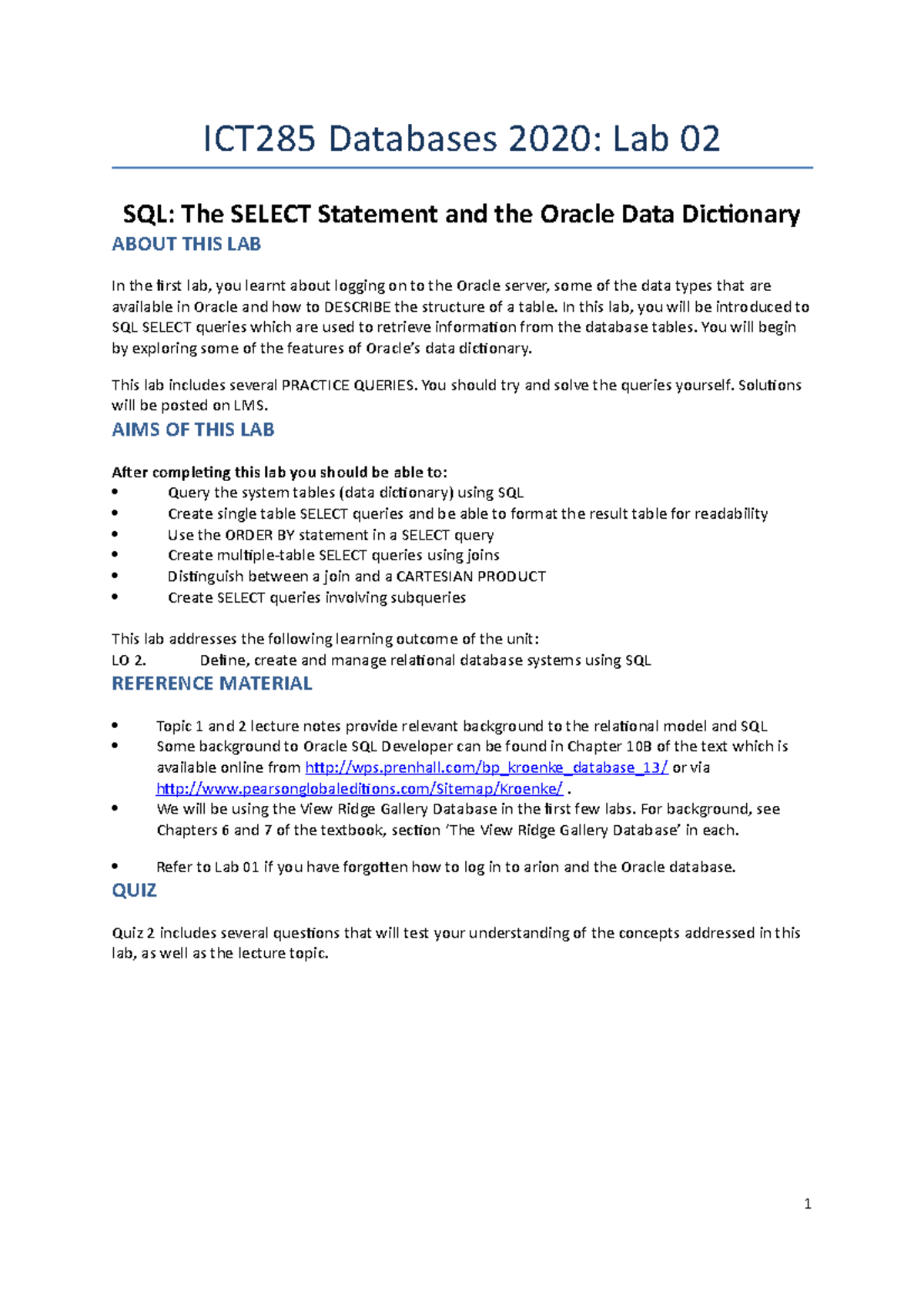 ICT285 2020 Lab 02 Workthrough - ICT285 Databases 2020: Lab 02 SQL: The SELECT Statement and the ...