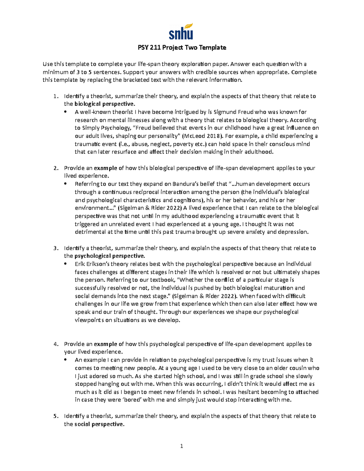 Project 2 PSY 211 - PSY 211 Project Two Template Use this template to complete your life-span ...