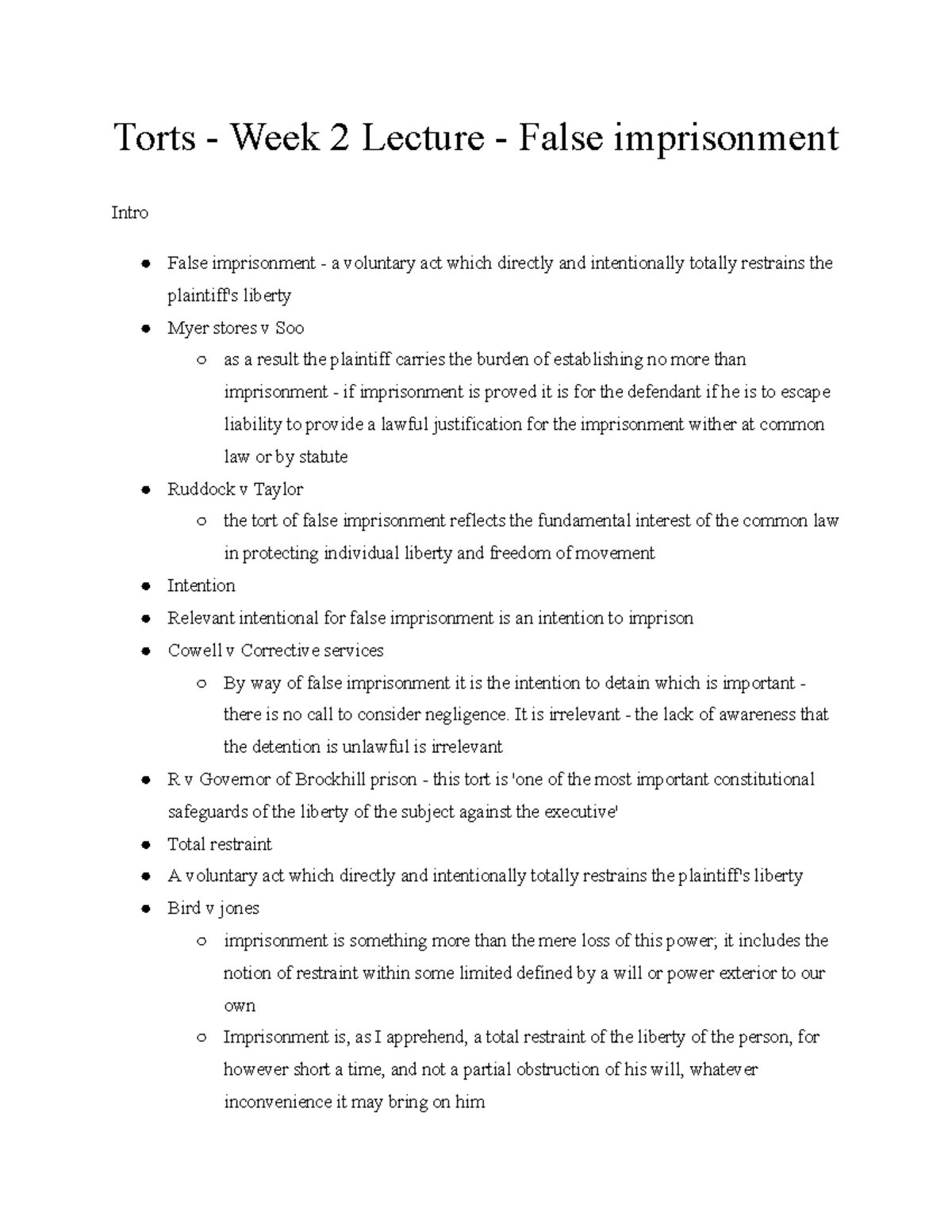 Torts - Week 2 Lecture - False imprisonment - Torts - Week 2 Lecture - False imprisonment Intro ...
