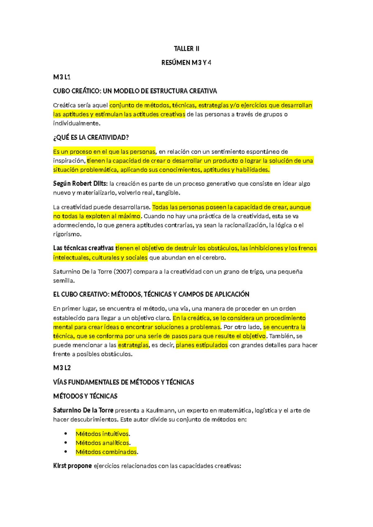Mi resumen taller II M3 y M4 - TALLER II RESÚMEN M3 Y 4 M3 L CUBO CREÁTICO: UN MODELO DE ...