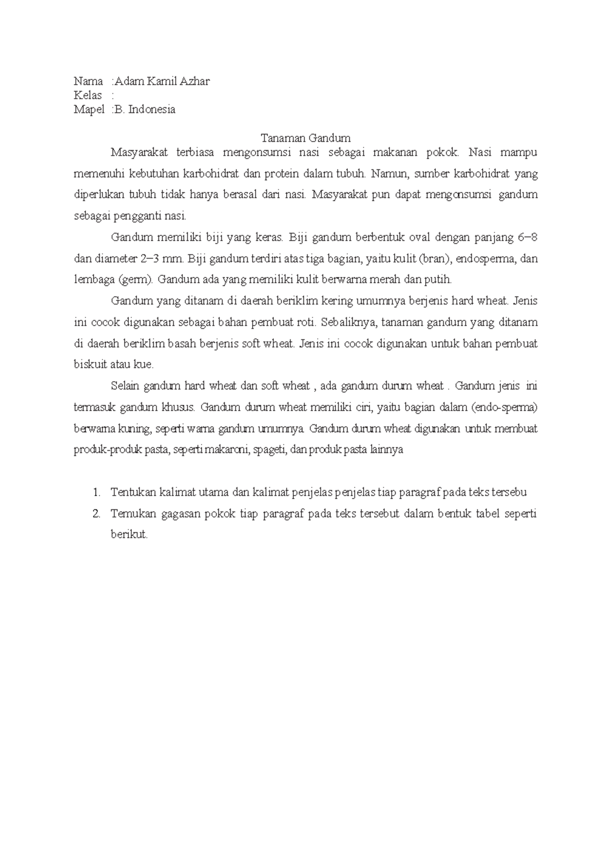 BELAJAR BAHASA INDONESIA - Nama :Adam Kamil Azhar Kelas : Mapel :B ...