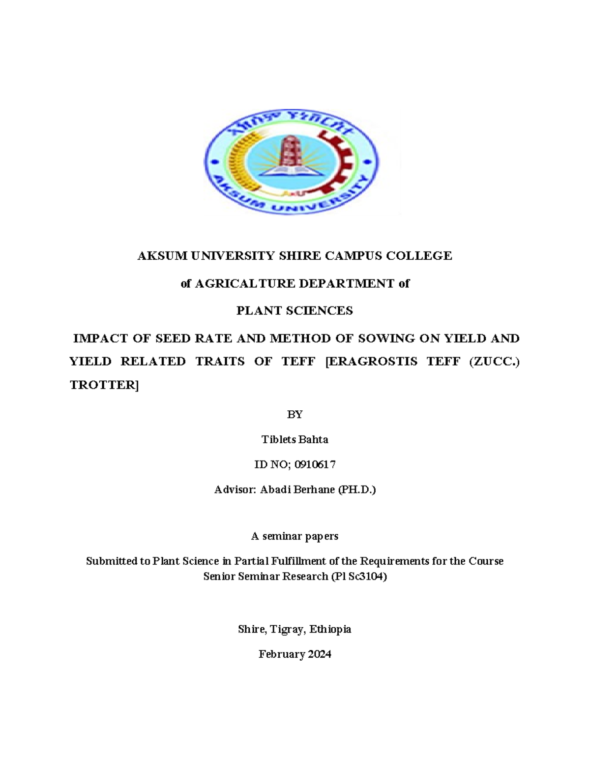 Tiblets bahta plant scinece - AKSUM UNIVERSITY SHIRE CAMPUS COLLEGE of ...