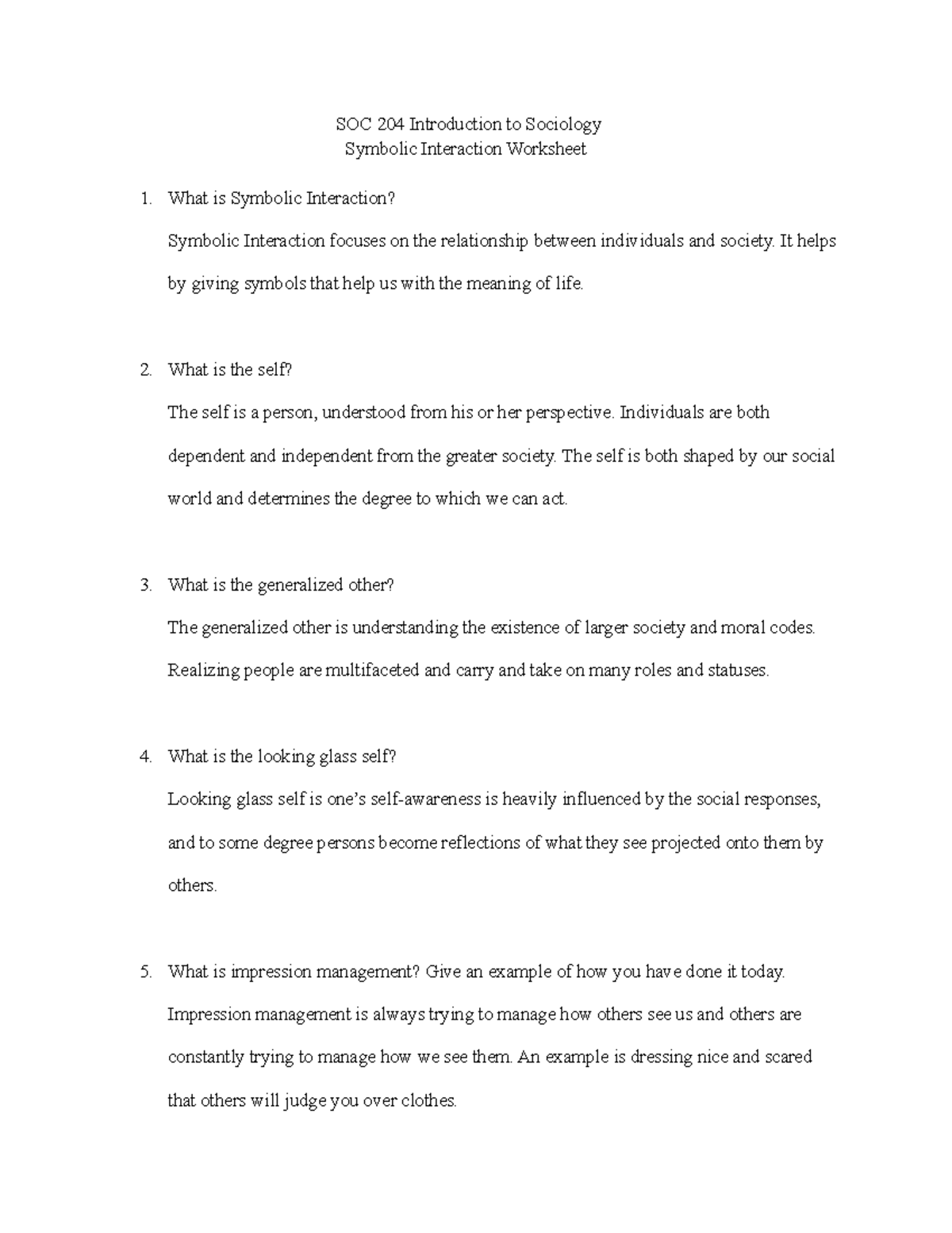 SOC 204 - Symbolic Interaction Worksheet - SOC 204 Introduction to ...