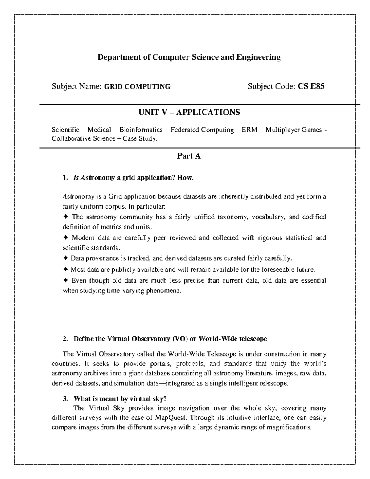 Gc U5 Grid Computing Lecture Notes Department Of Computer Science And Engineering Subject