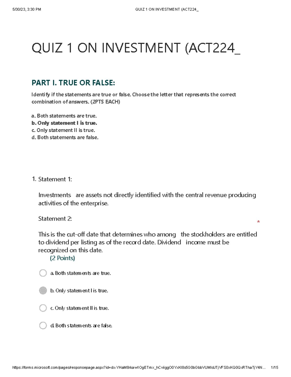 QUIZ 1 ON Investment (ACT224 - - Studocu
