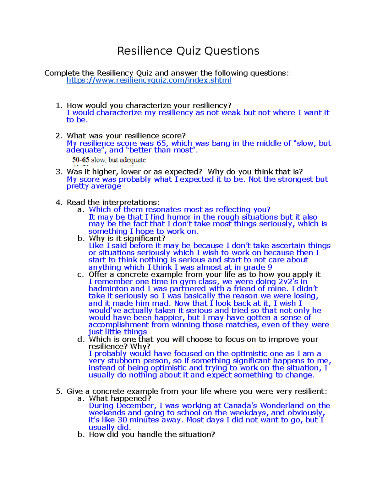 Resilience Quiz Questions - Resilience Quiz Questions Complete the ...