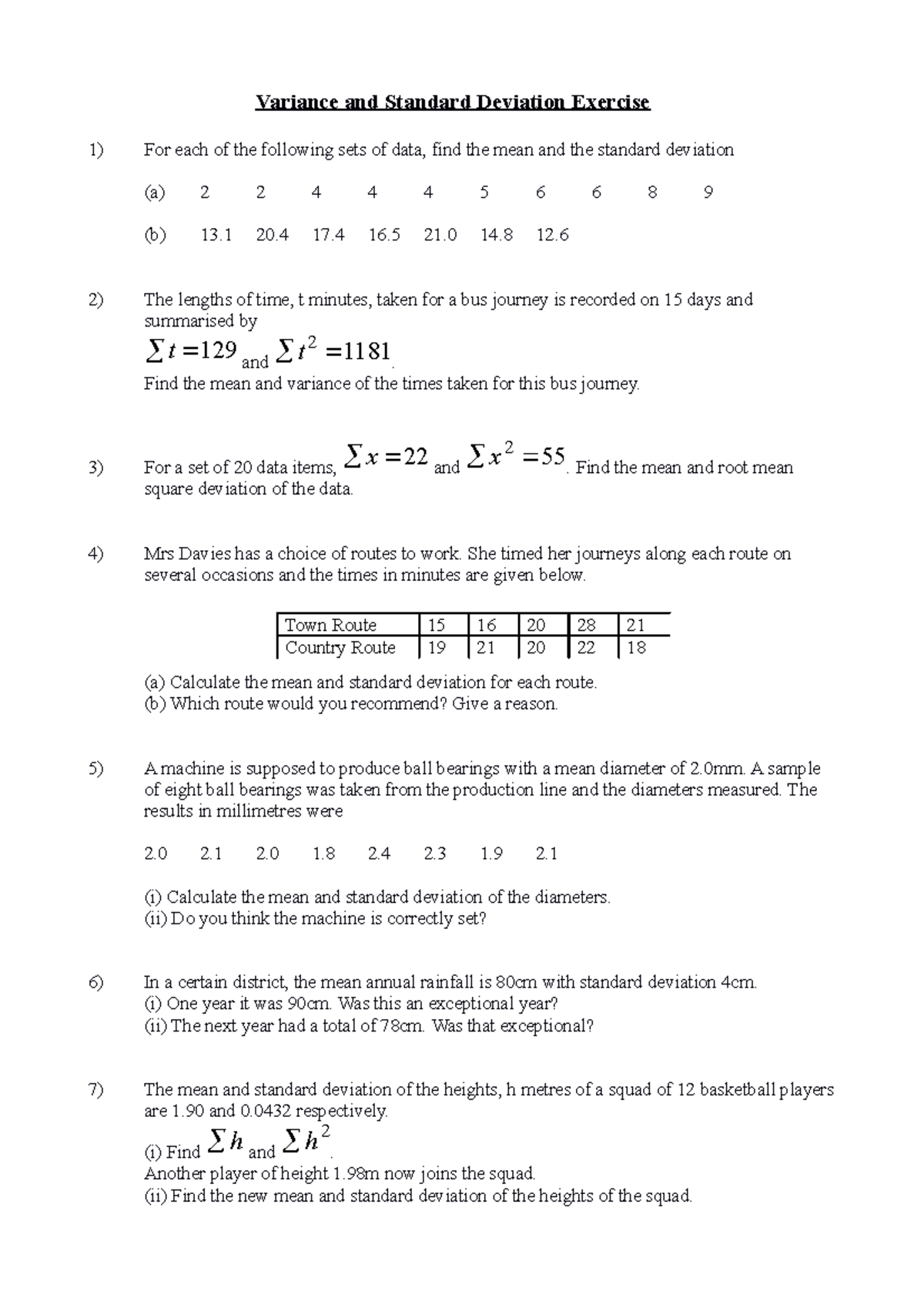 Variance and standard deviation exercise - Variance and Standard Deviation Exercise 1) For each ...