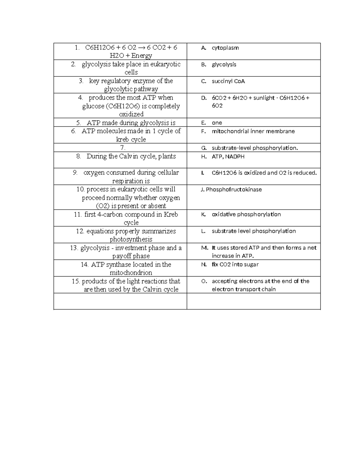 Matching chs 9 and 10 - 1. C6H12O6 + 6 O2 → 6 CO2 + 6 H2O + Energy A ...
