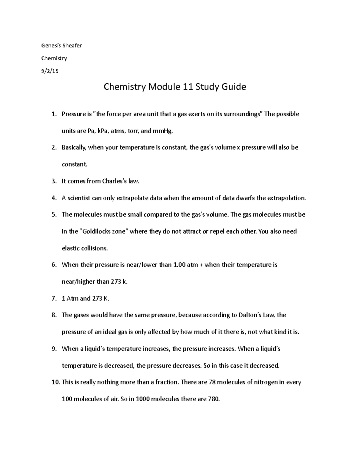 Module 11 study guide - Genesis Sheafer Chemistry 9/2/ Chemistry Module ...