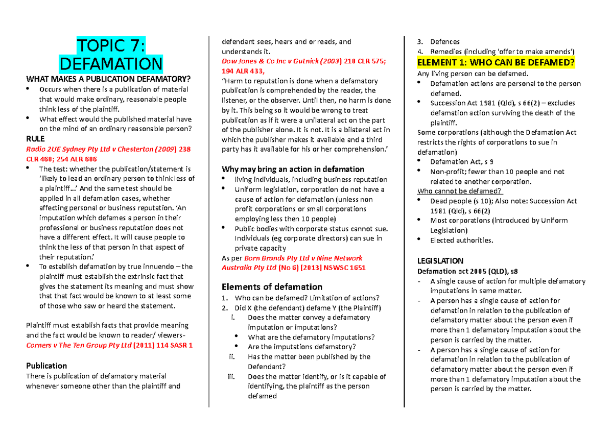 Defamation: What Makes a Publication Defamatory? - Studocu