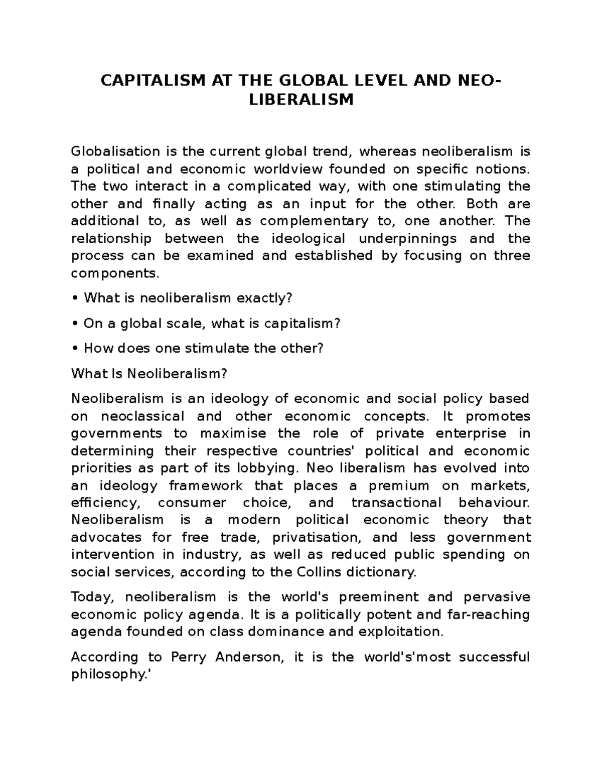 Capitalism AT THE Global Level AND NEO- Liberalism - CAPITALISM AT THE ...