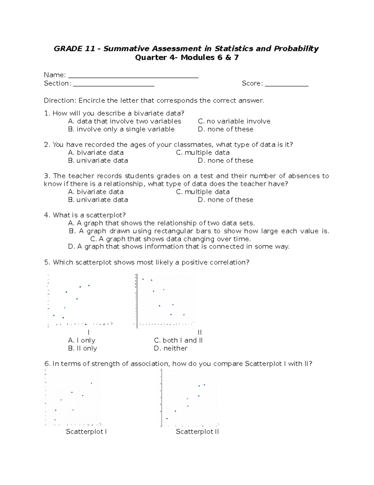 Statistics and Prob 11 Q4 Summa 6,7,8 - Education - Studocu