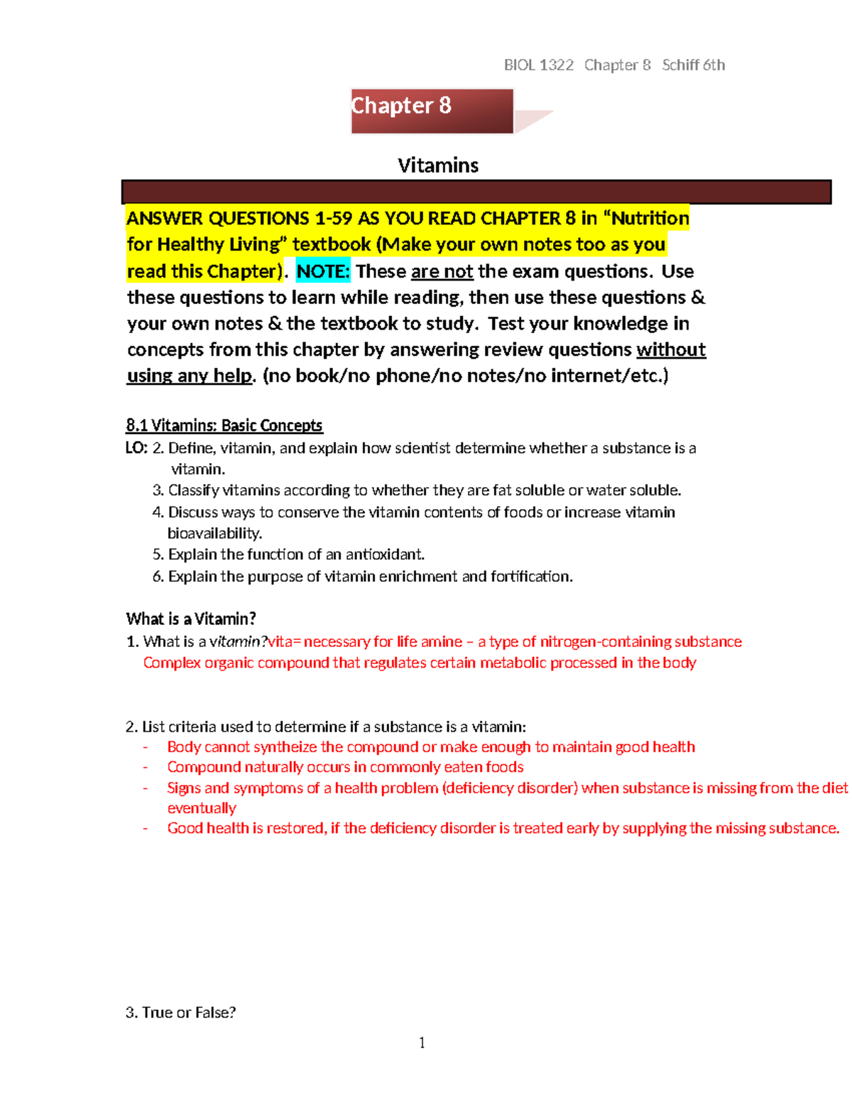 Ch8 Vitamins Questions - Vitamins ANSWER QUESTIONS 1-59 AS YOU READ CHAPTER 8 in “Nutrition for ...