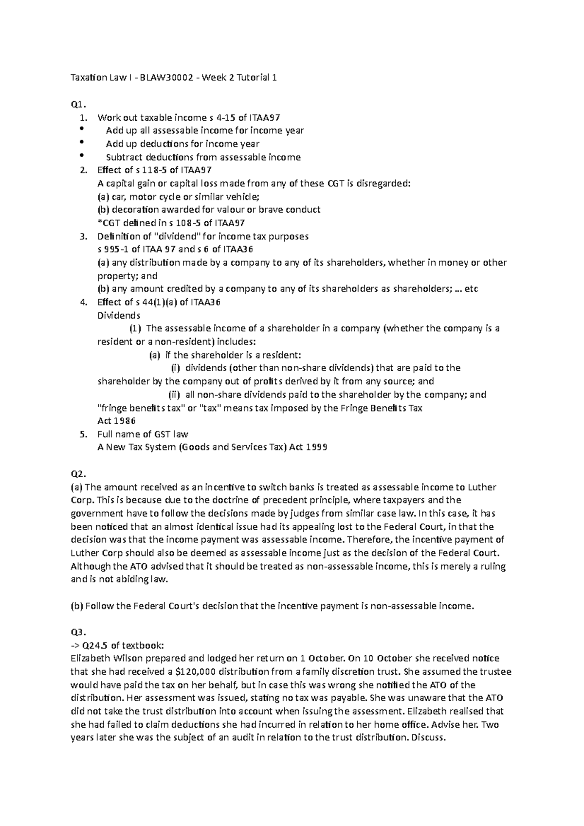 Taxation Law I Tutorial 1 - Taxation Law I Week 2 Tutorial 1 Q1. 1. 2 ...