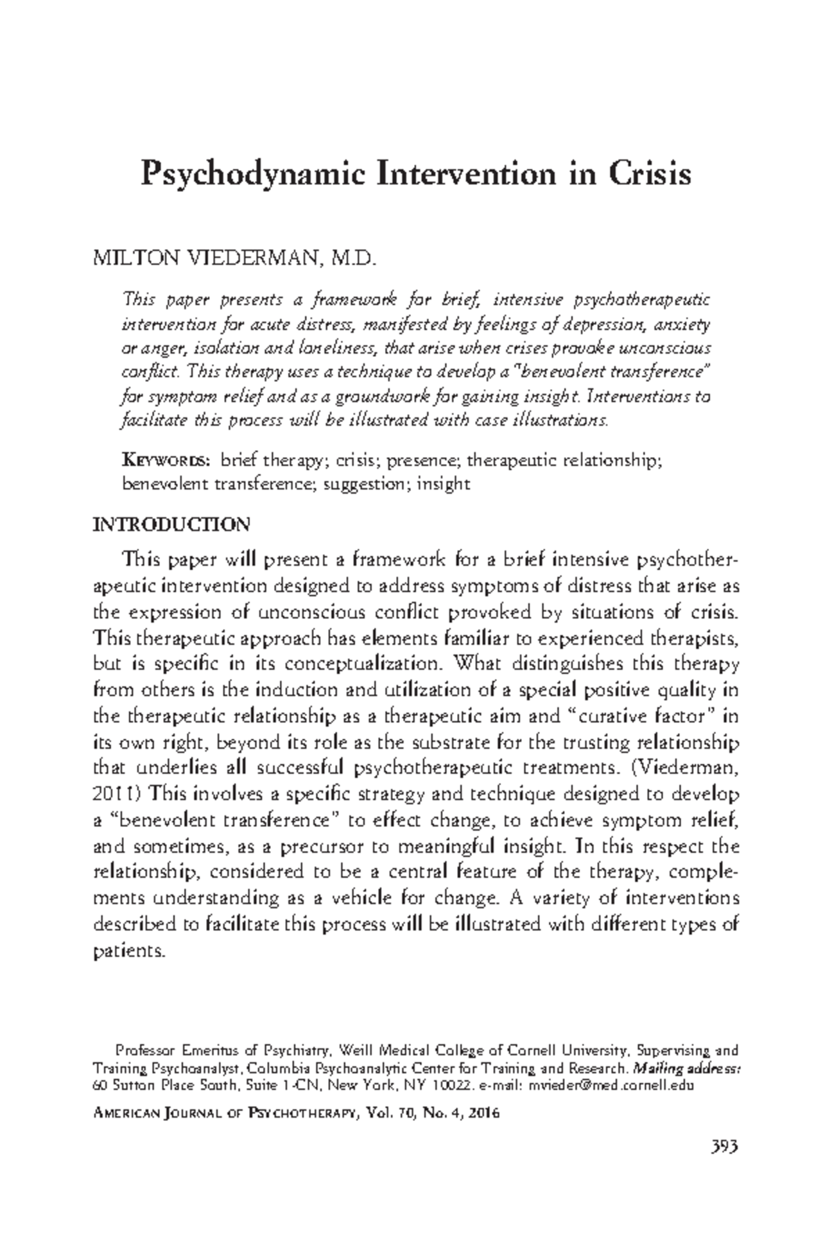 Viederman 2016 - Psychodynamic Intervention in Crisis MILTON VIEDERMAN ...