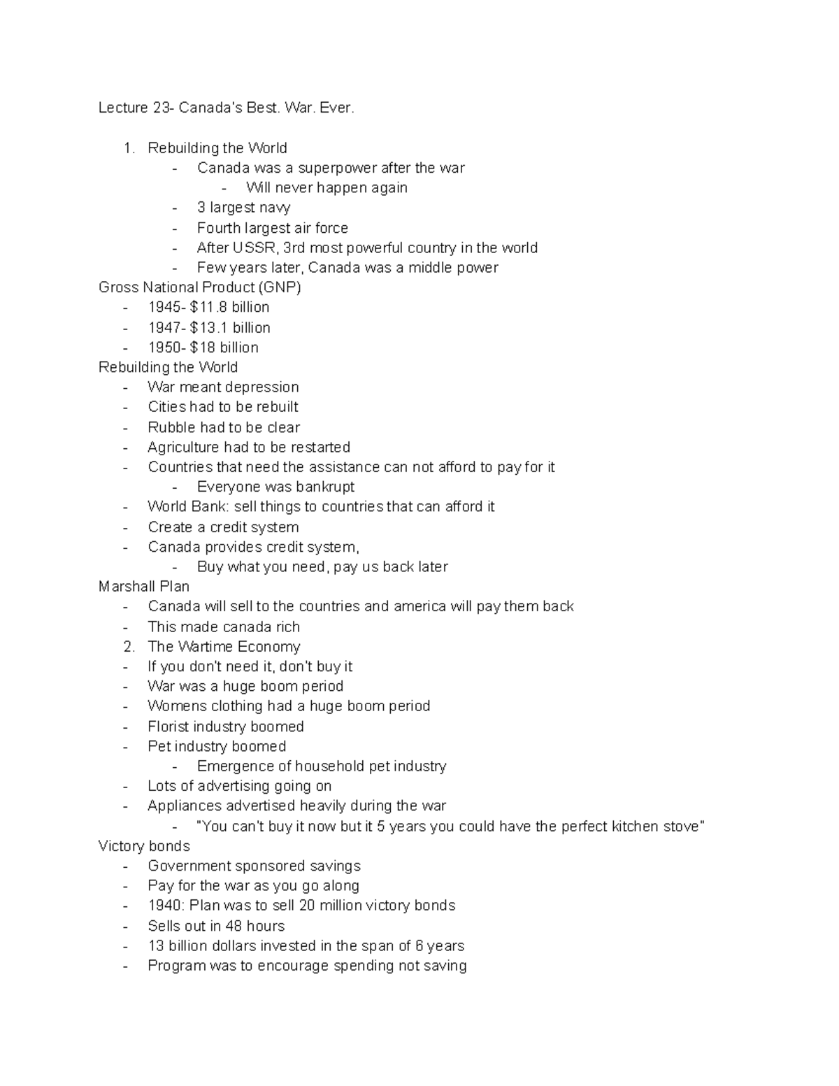 History 1810 - Semester 2 - Lecture 23 Notes - 2020 - Lecture 23 ...