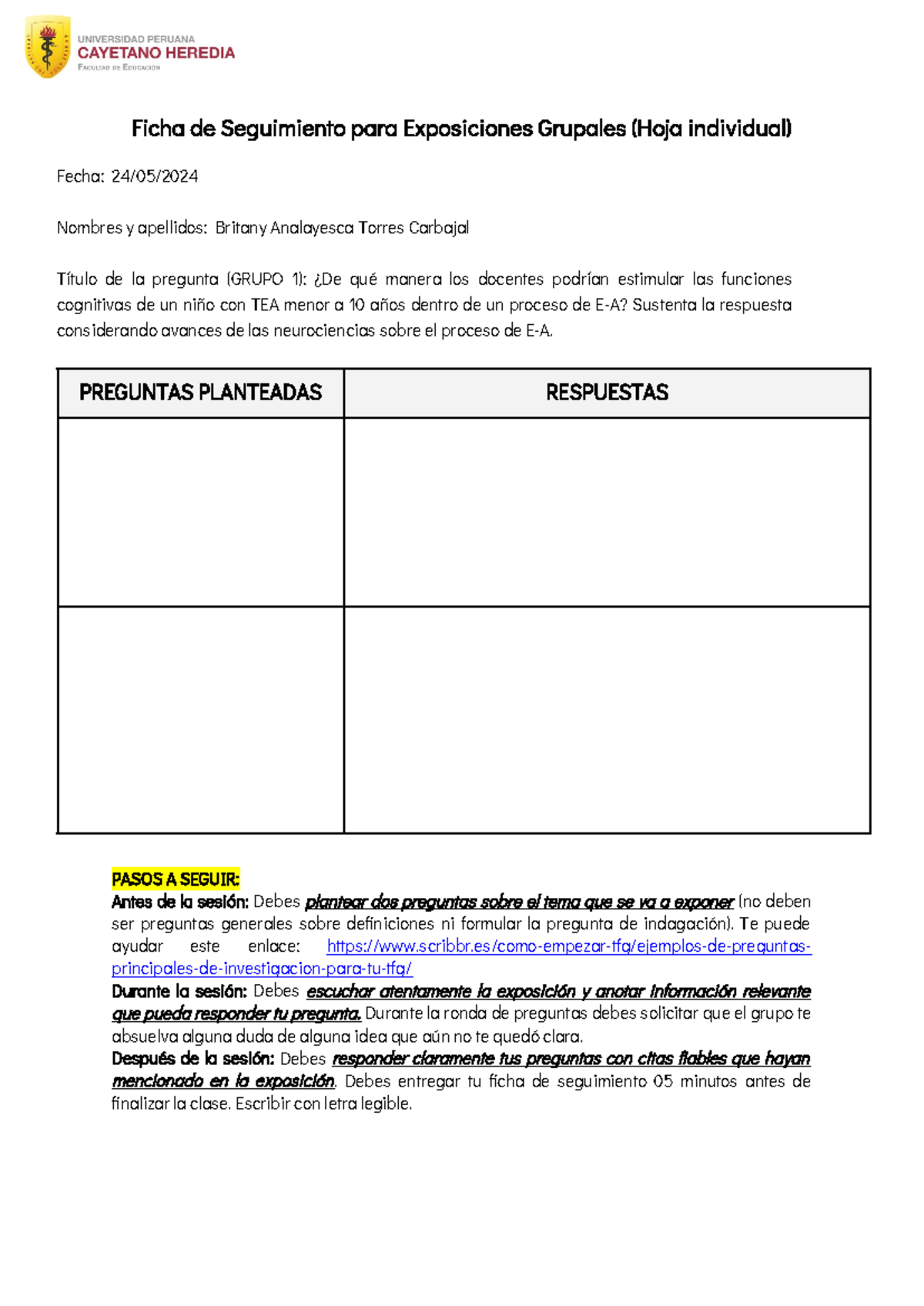 Ficha DE Preguntas 1 - ............. - Ficha de Seguimiento para Exposiciones Grupales (Hoja ...