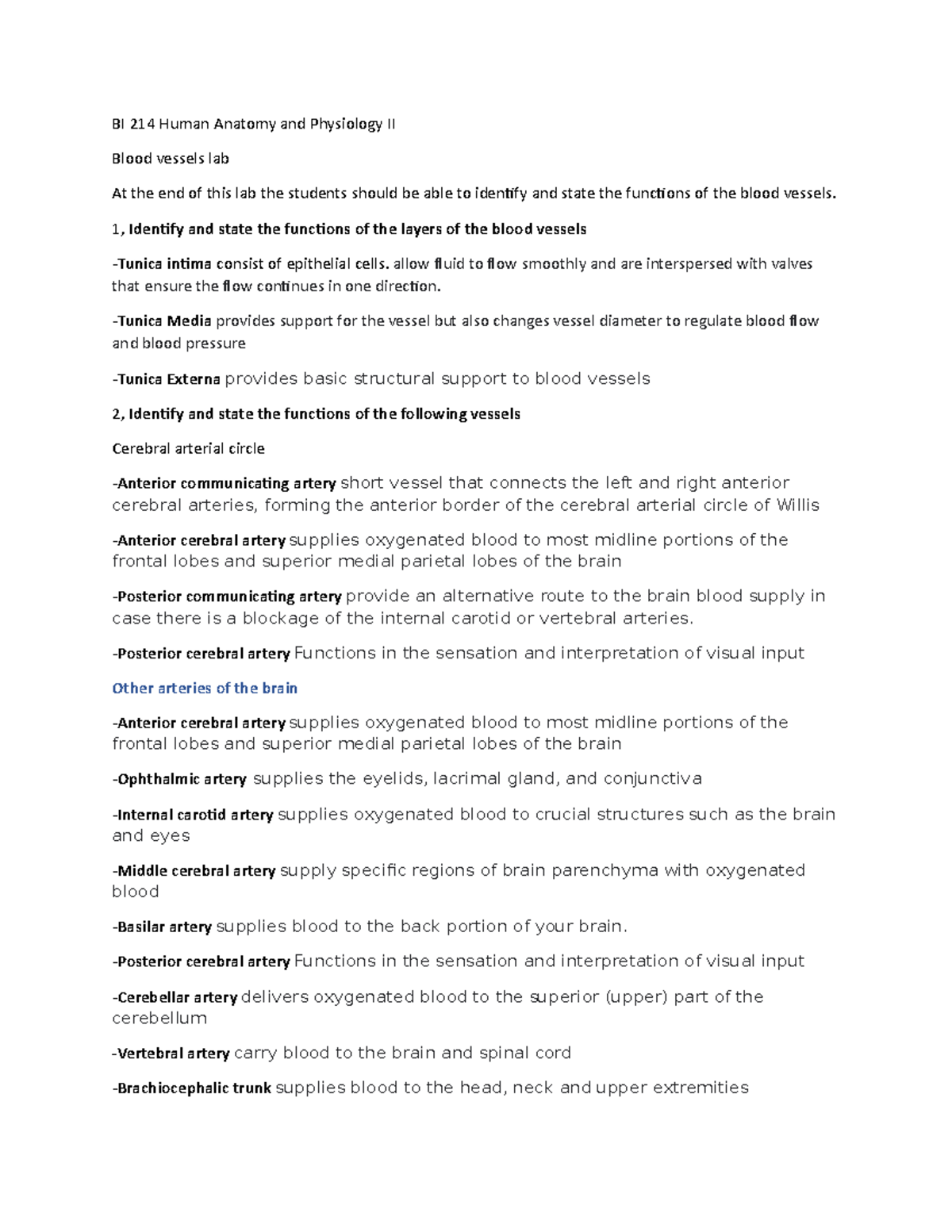 Vessels lab study guide lab - BI 214 Human Anatomy and Physiology II ...