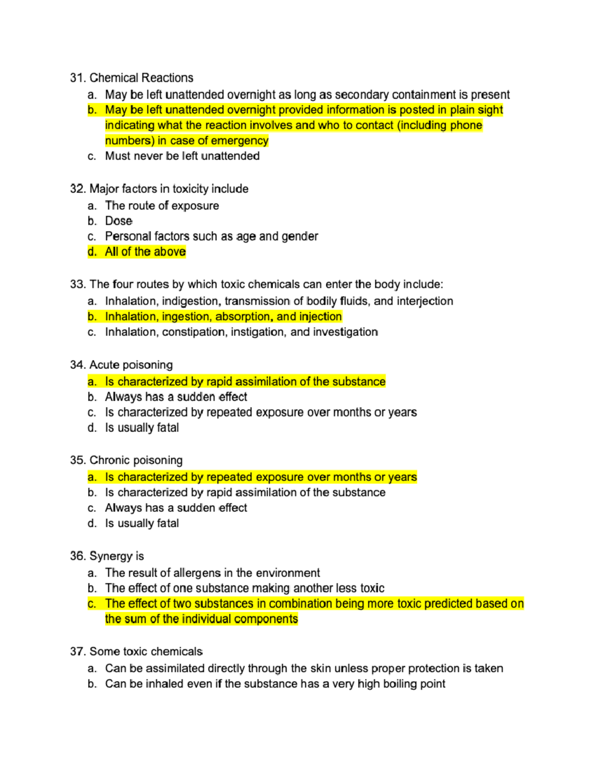 Chemistry Safety QUIZ 31-40 - 31. Chemical Reactions a. May be left ...