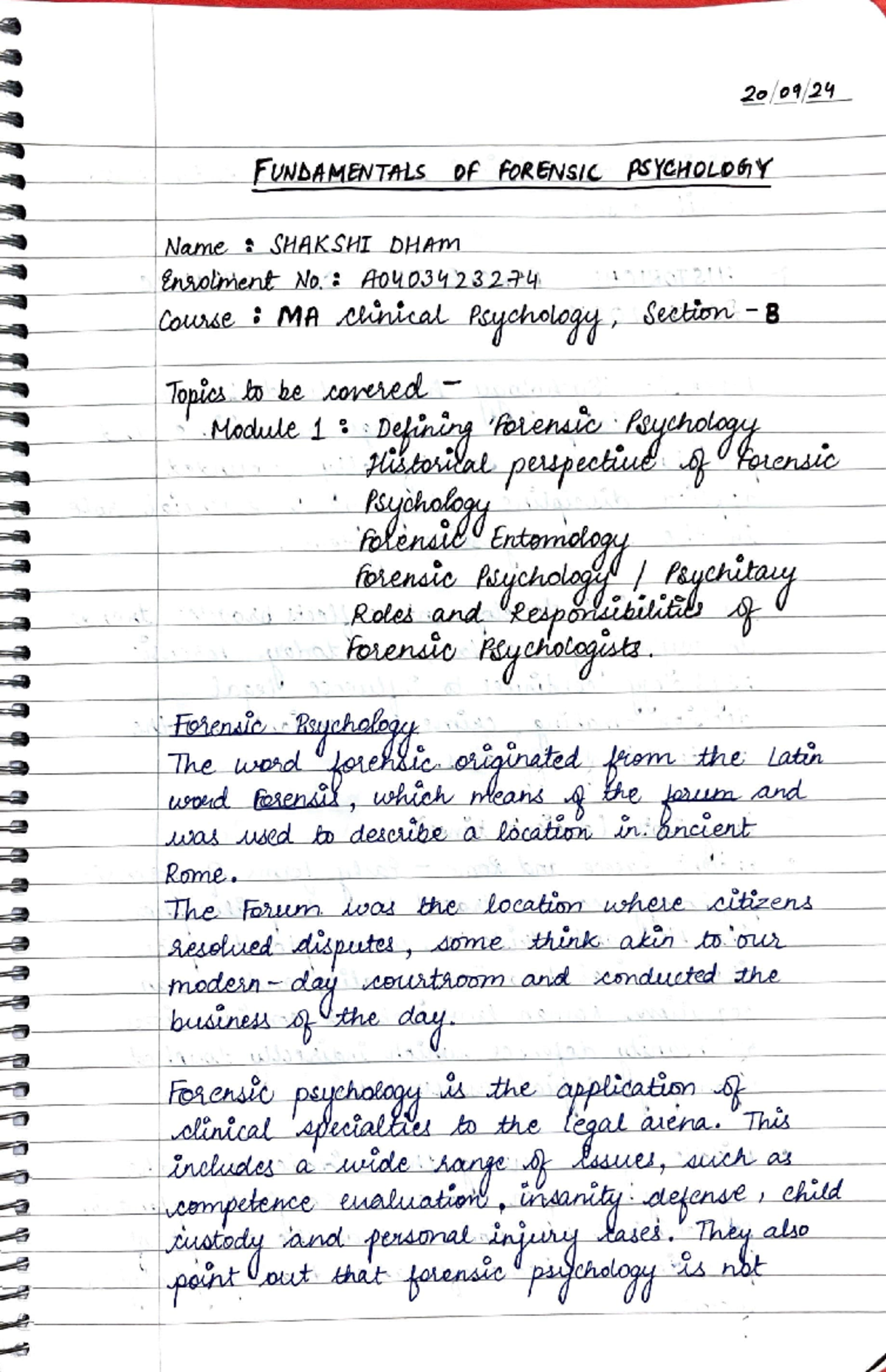 Shakshi-forensic notes - FUNDAMENTALS of FORENSIC PSYCHOLOGY Name ...