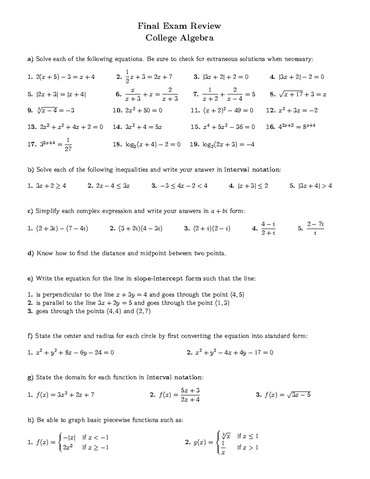 Math 111 Final Exam Review - Final Exam Review College Algebra a) Solve ...