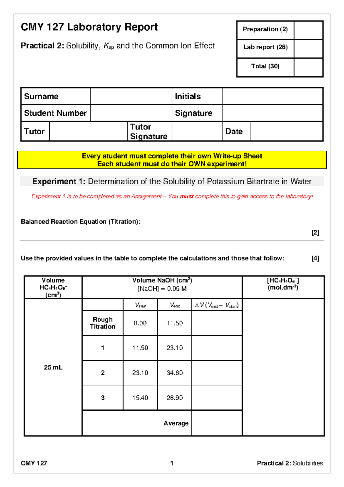 2023 CMY 127 Practical 2 Solubility Writeup Sheet - CMY 127 Laboratory ...