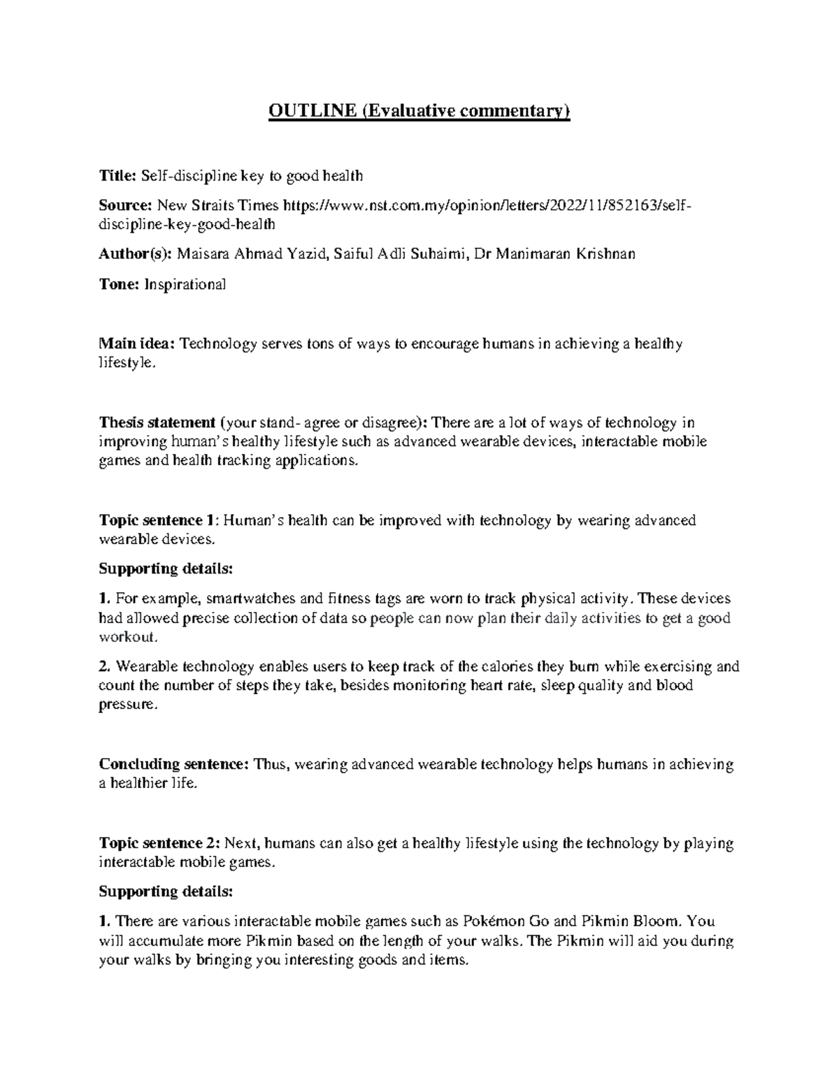 Outline ELC231 - OUTLINE (Evaluative commentary) Title: Self-discipline ...