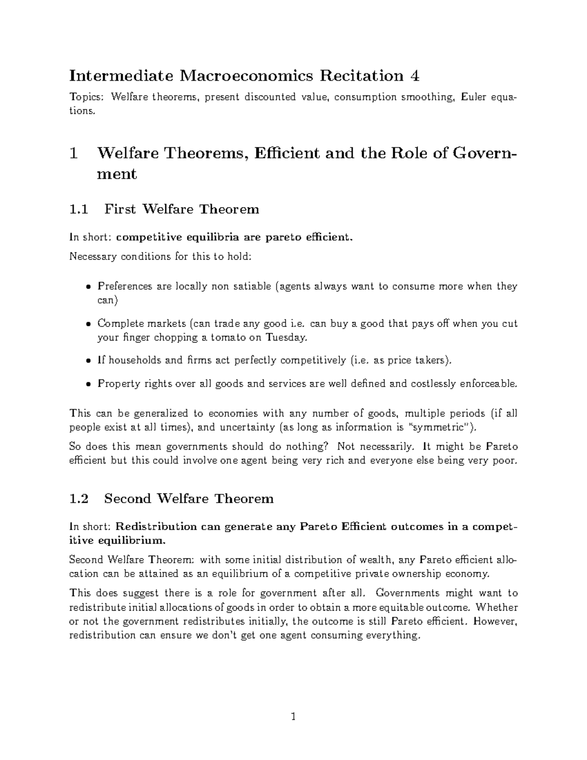 4 Welfare Theorems and Euler Equations - Intermediate Macroeconomics Recitation 4 Topics ...