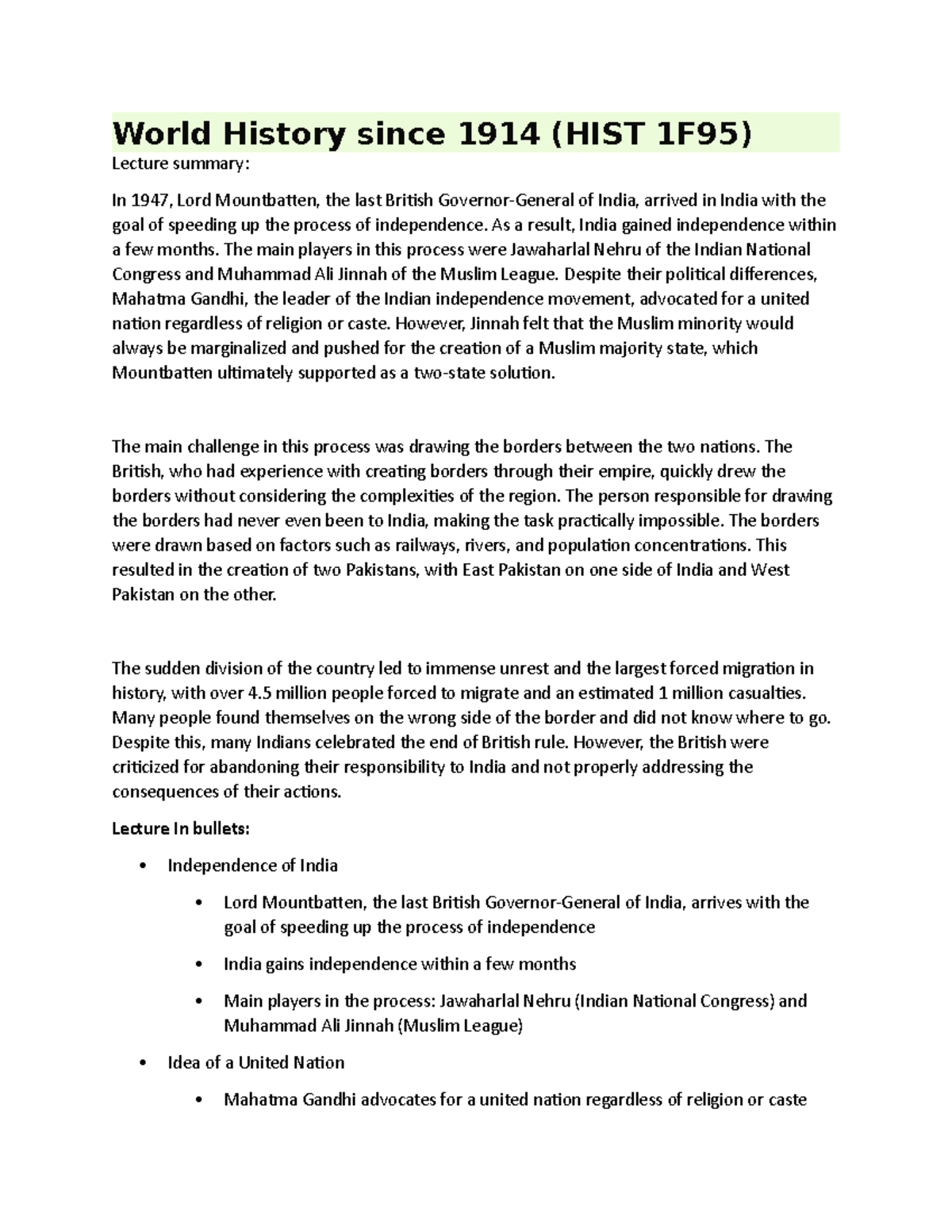 World History since 1914 (HIST 1F95) lecture 2 - As a result, India ...