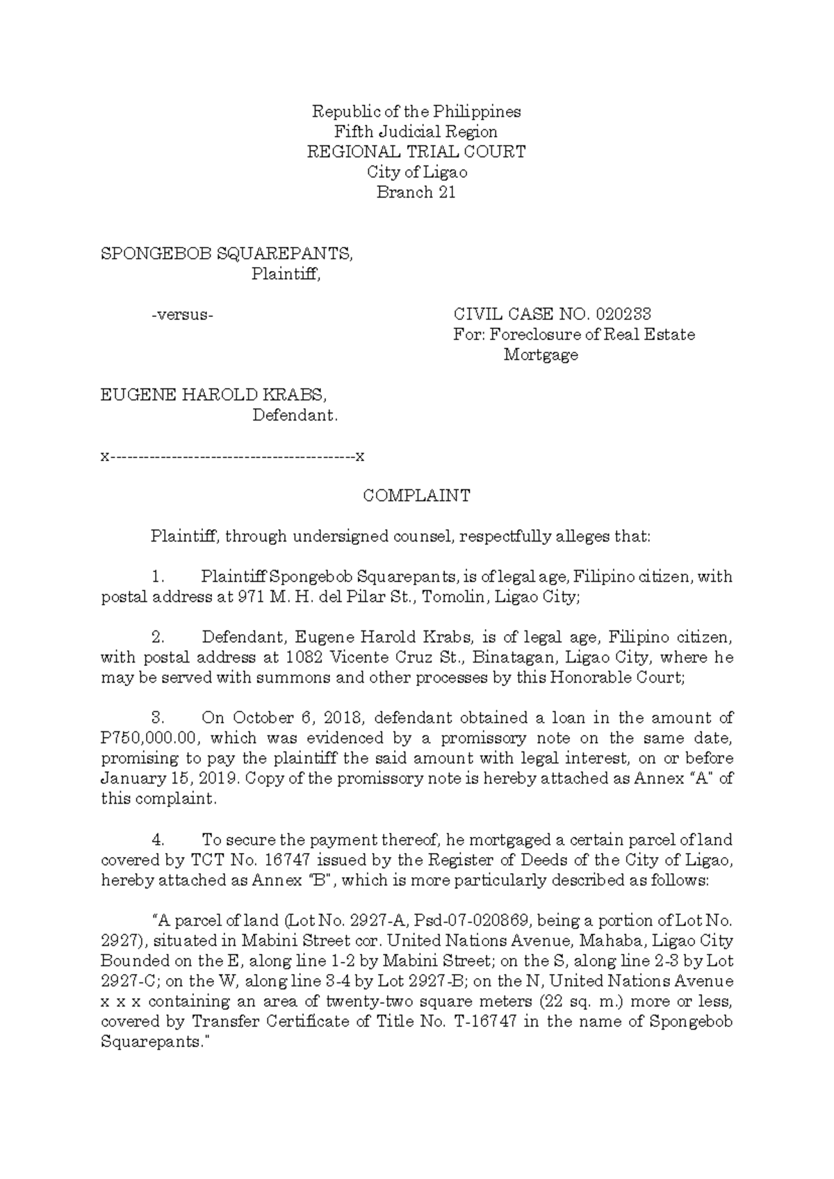 Complaint for Foreclosure of Real Estate Mortgage - Republic of the ...