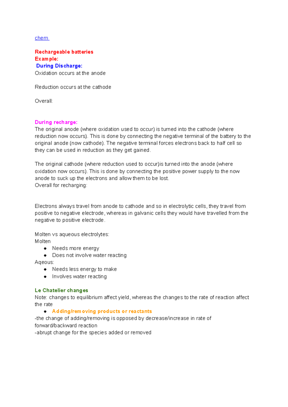 Chem notes - chem Rechargeable batteries Example: During Discharge ...