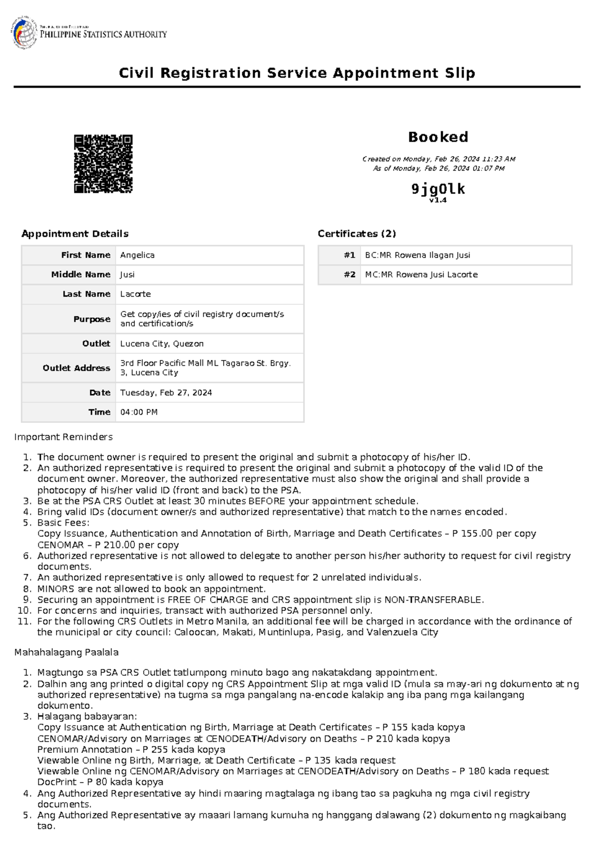 Document - bjk - Civil Registration Service Appointment Slip Booked ...