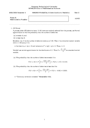 Tutorial 2023 11 hints - ans - MH2500 PROBABILITY AND INTRODUCTION TO ...