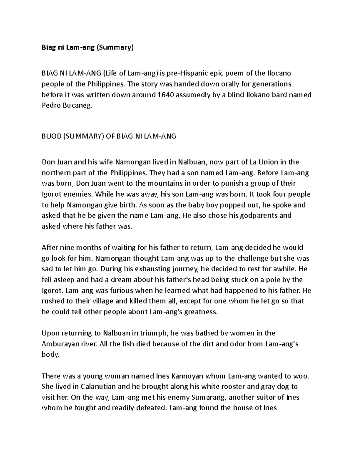 Biag ni Lam ang Summary - Biag ni Lam-ang (Summary) BIAG NI LAM-ANG ...
