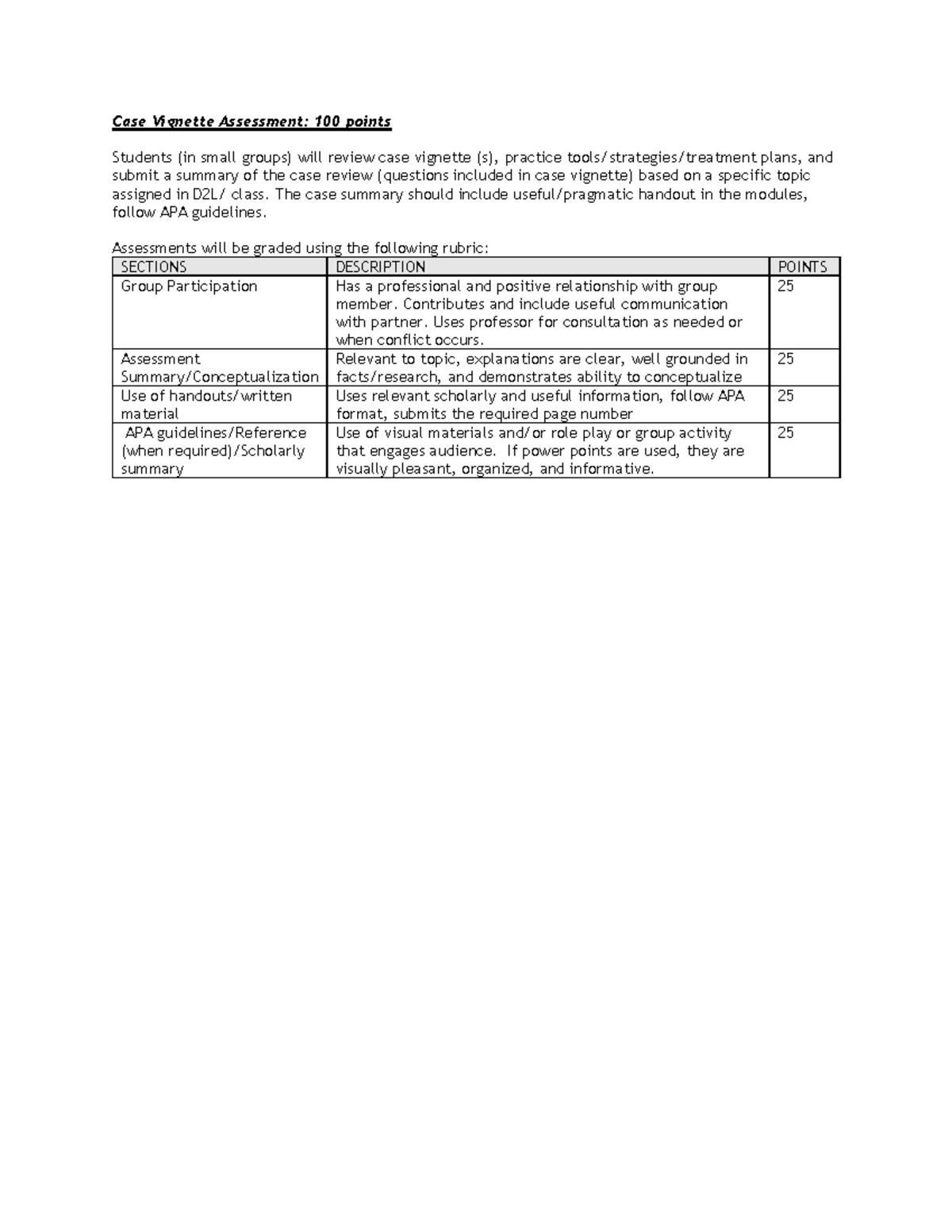 Rubric-Assessments - Rubric - Case Vignette Assessment: 100 points ...