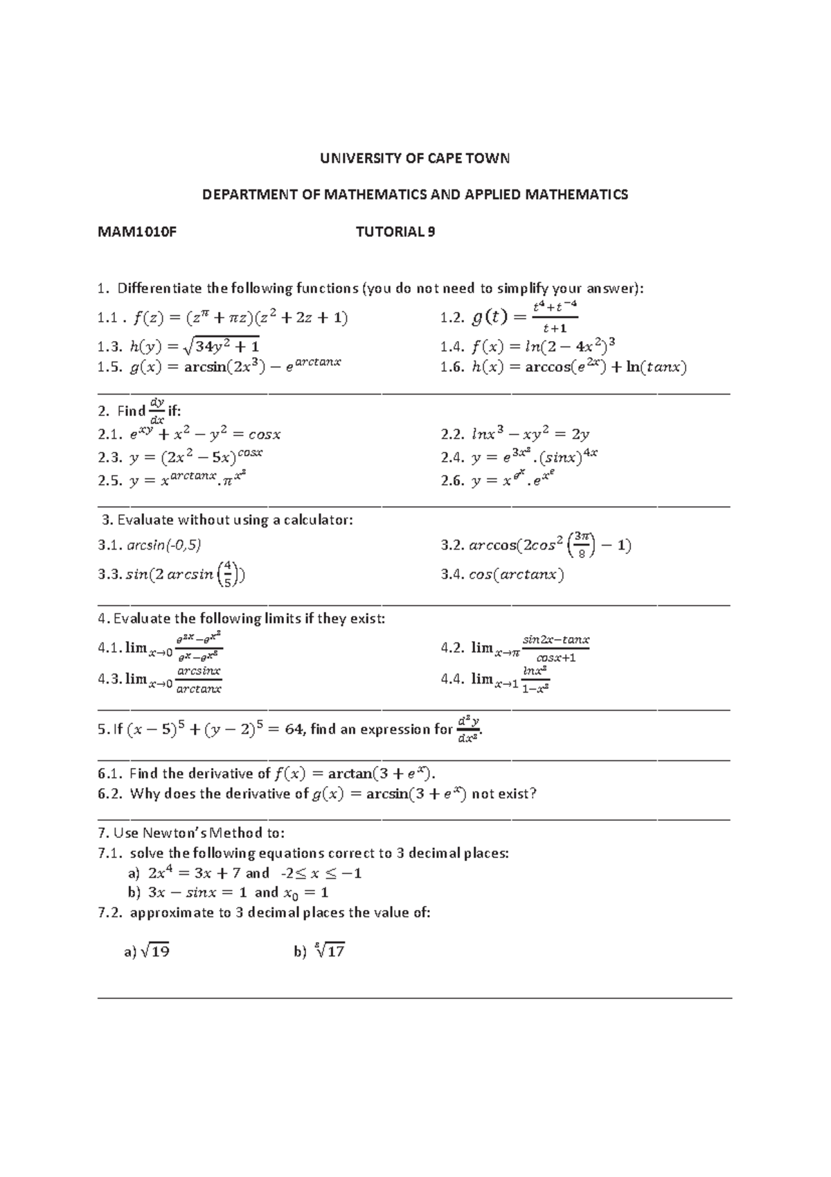 Tutorial+9 - MAM1010F Tutorial - UNIVERSITY OF CAPE TOWN DEPARTMENT OF ...