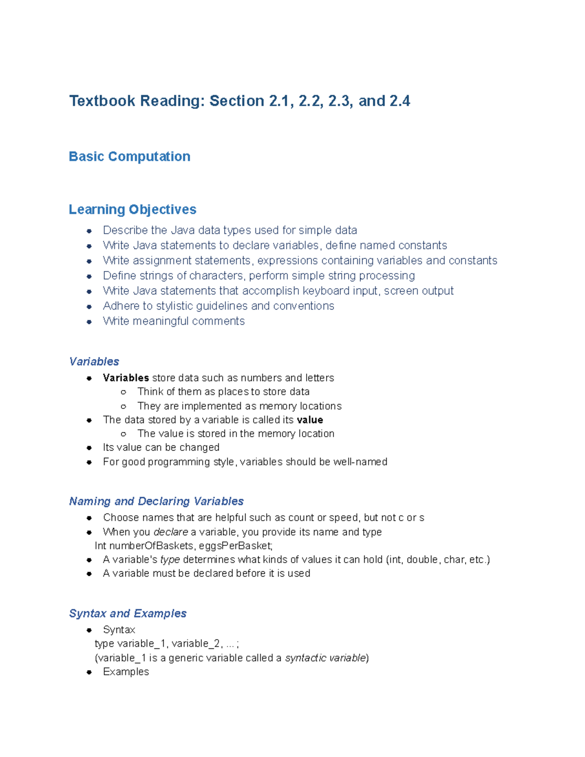 Sections 2.1 - 2.4 - Textbook Reading: Section 2, 2, 2, and 2. Basic ...
