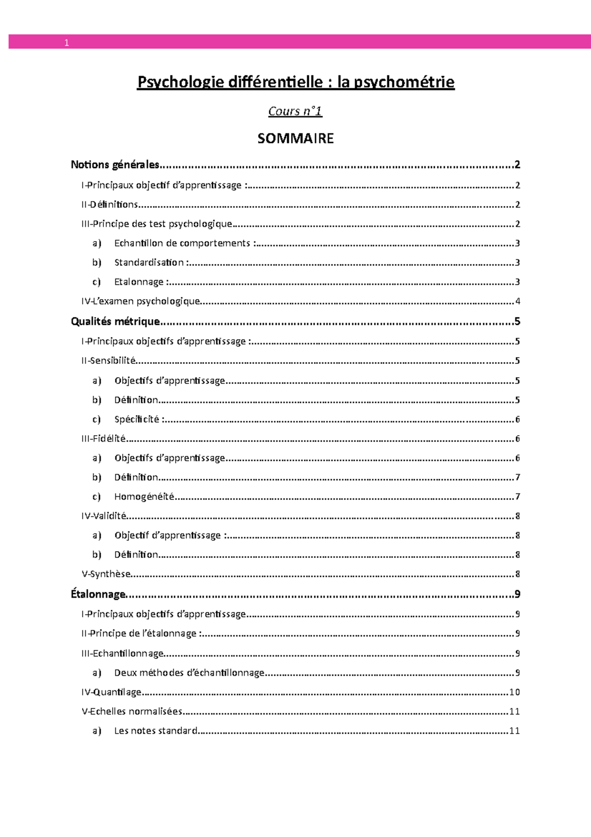 Psychologie différentielle la psychométrie - - Studocu