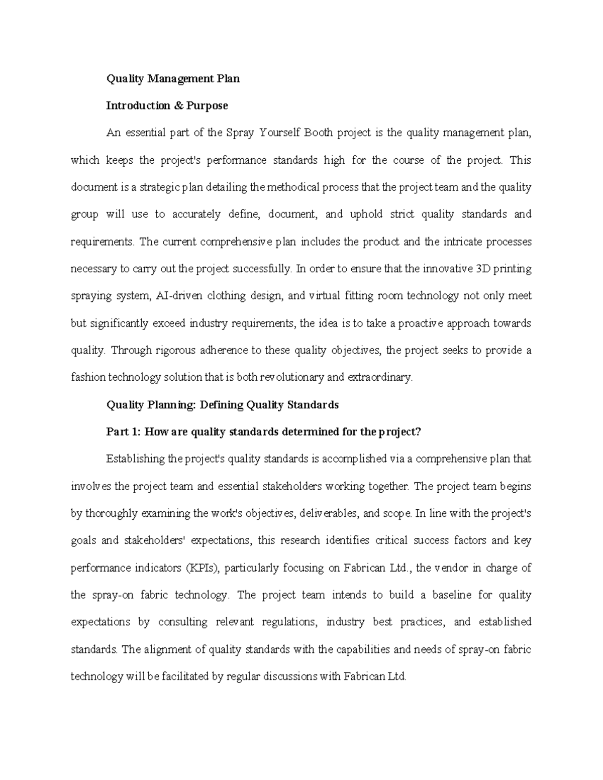 Quality Management Plan - Quality Management Plan Introduction ...