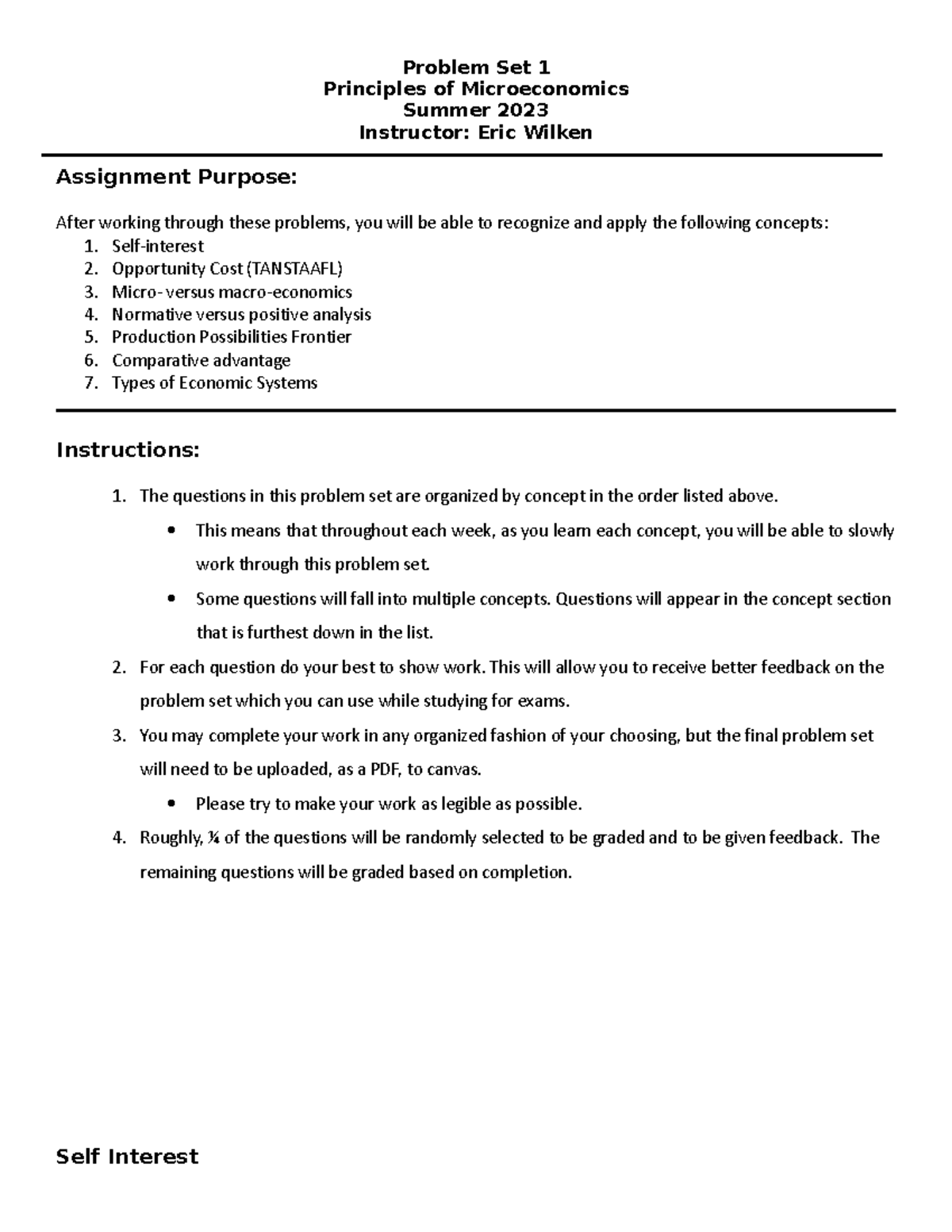 EC201 Problem Set 1 SU23-3 - Problem Set 1 Principles of Microeconomics Summer 2023 Instructor ...