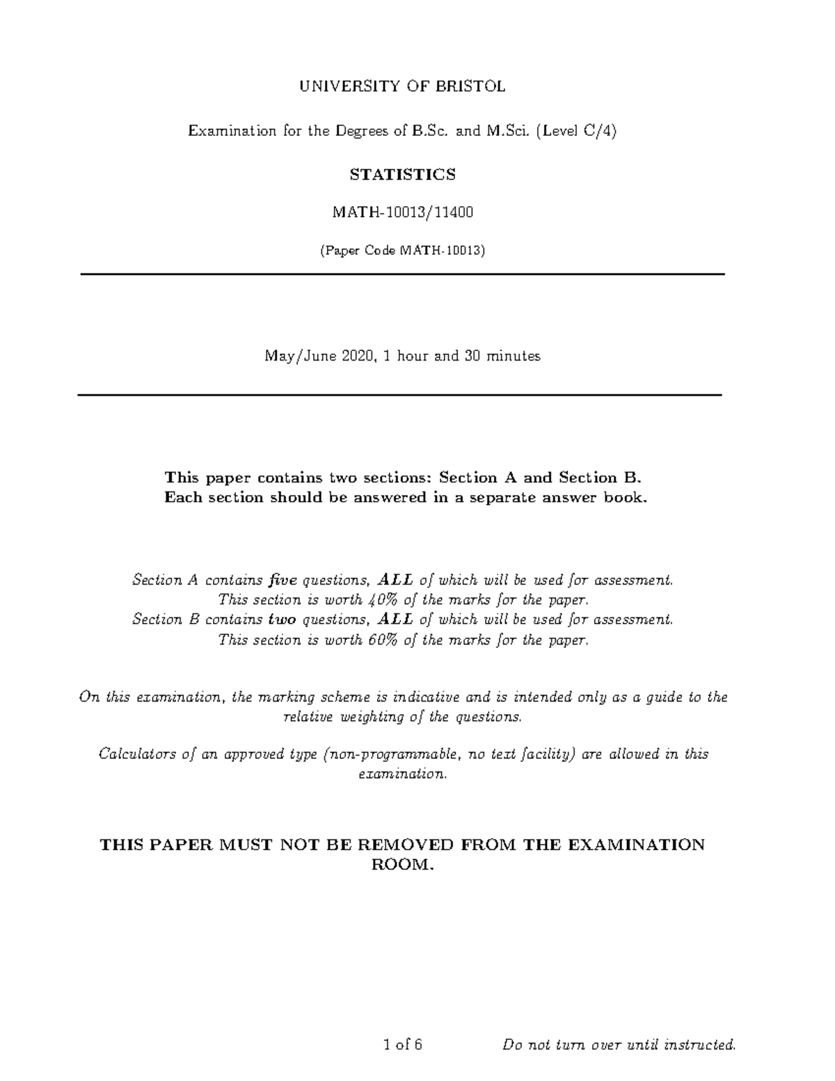 Statistics 1 Exam 2020 - UNIVERSITY OF BRISTOL Examination for the ...