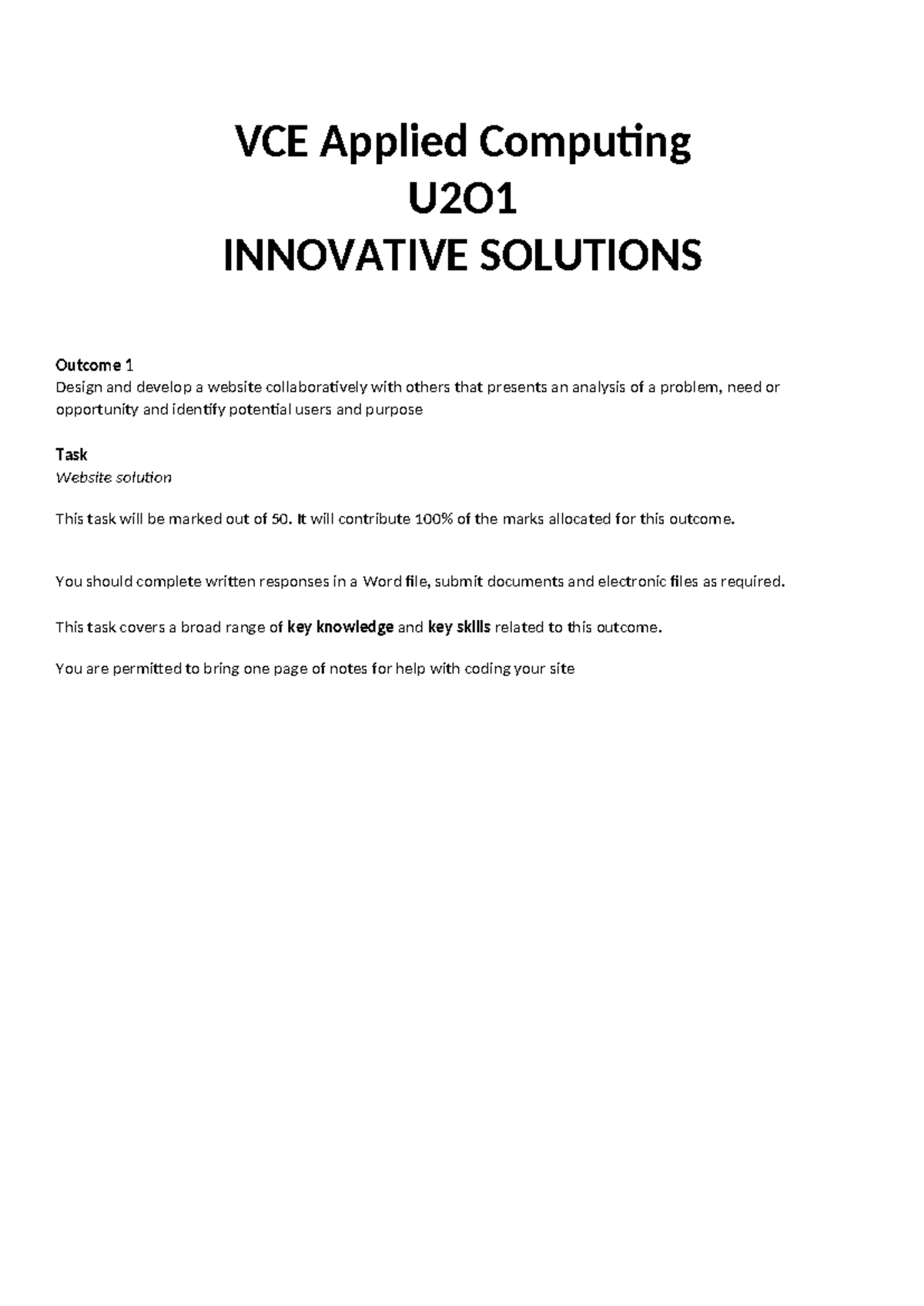 U2O1 SAC - Innovative solutions - Copy - VCE Applied Computing U2O ...