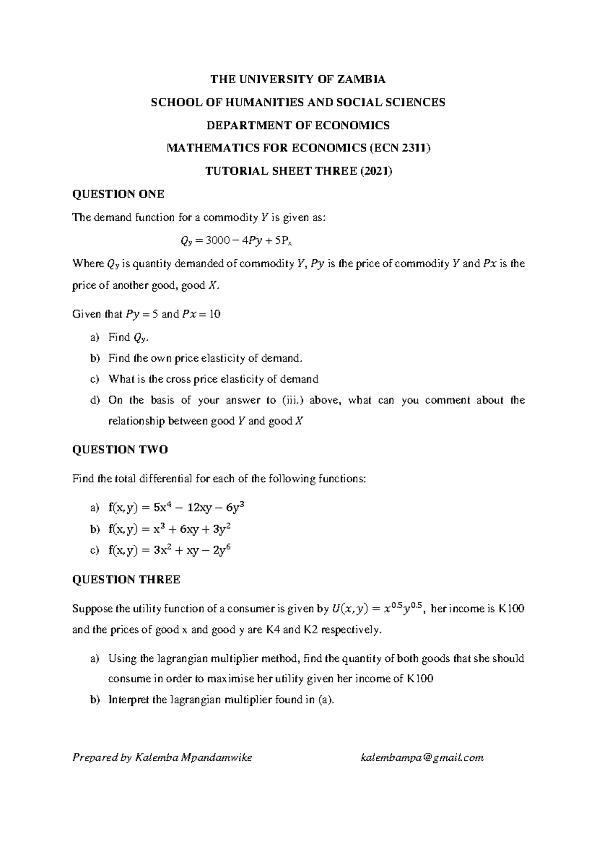 Ecn 2311 Mathematics For Economics Tutorial Sheet 2 The University Of Zambia School Of